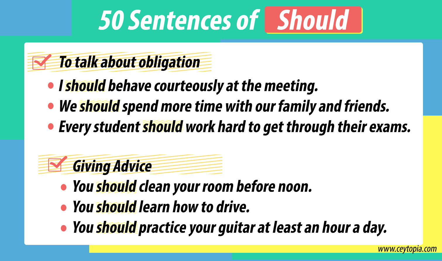 50 Sentences of SHOULD in English